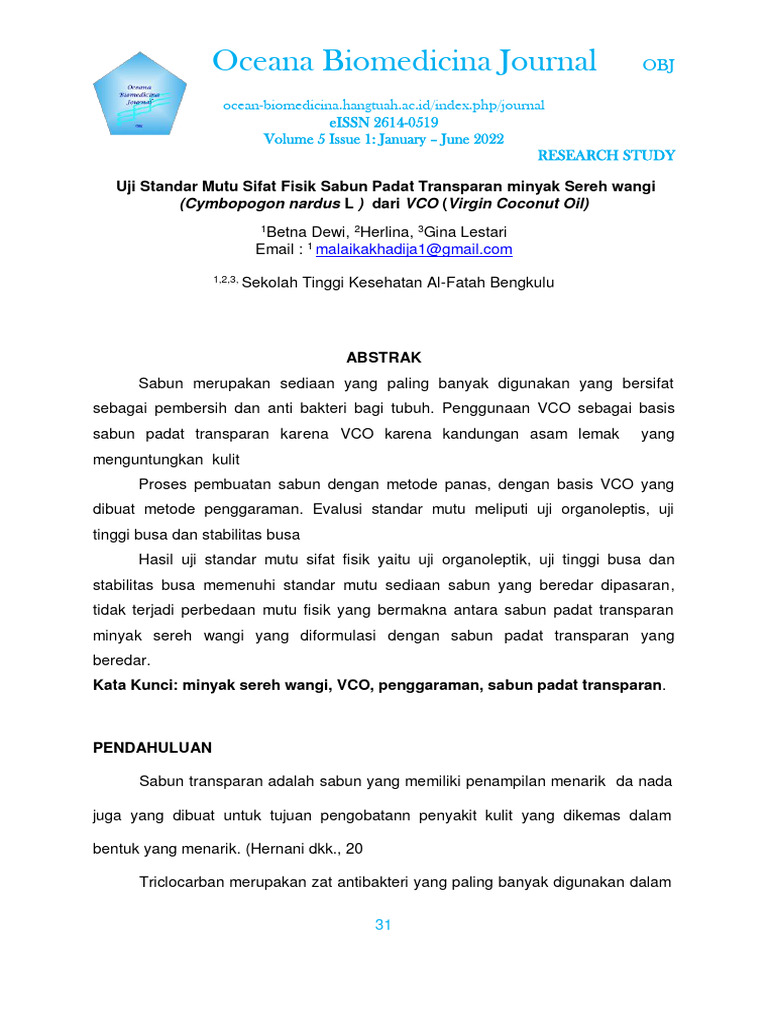 Oceana Biomedicina Journal: Uji Standar Mutu Sifat Fisik Sabun Padat ...