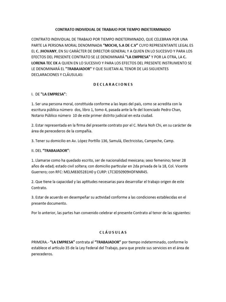Contrato Individual de Trabajo Por Tiempo Indeterminado | PDF | Salario | Economias