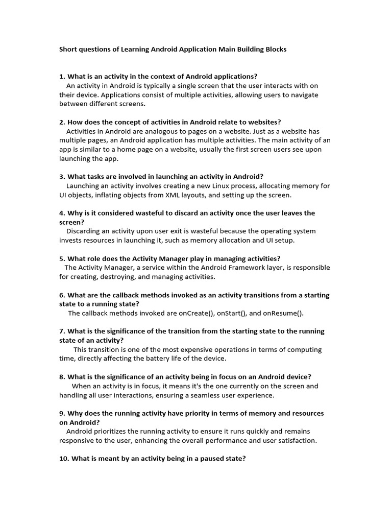 Short Questions Learning Android Application Main Building Blocks | PDF | Android (Operating ...