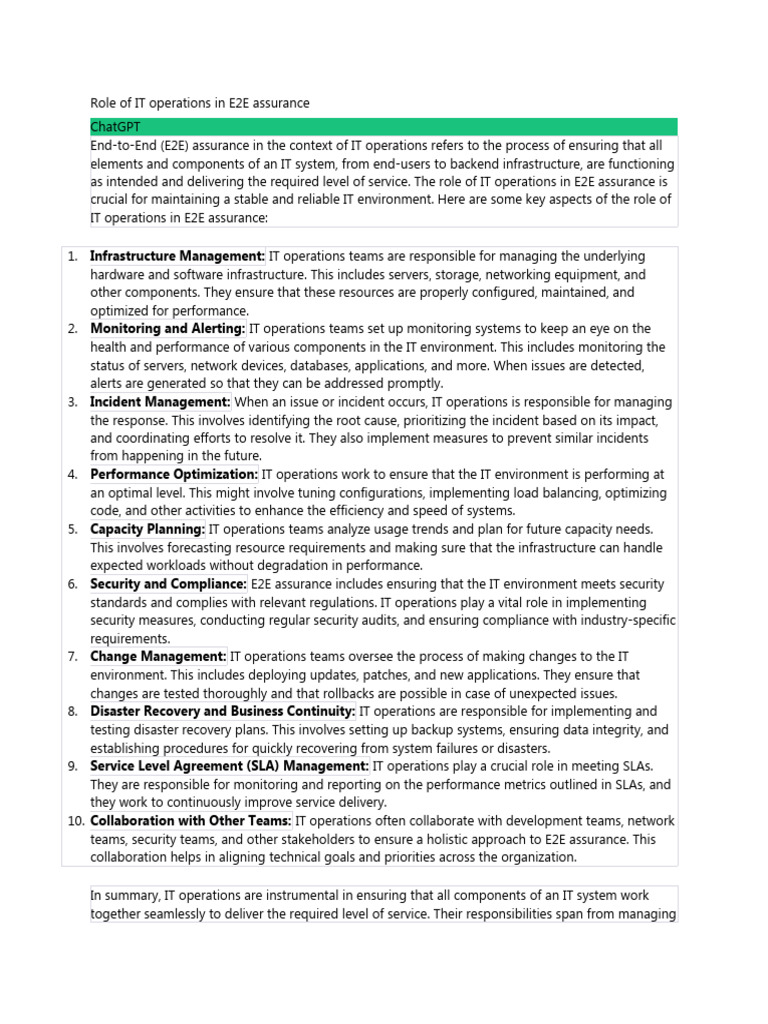 Role of IT Operations in E2E Assurance | PDF | It Service Management | Automation