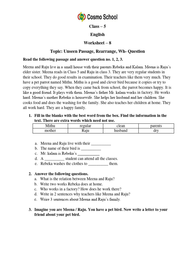 Class - 5, English, Worksheet - 8 | PDF