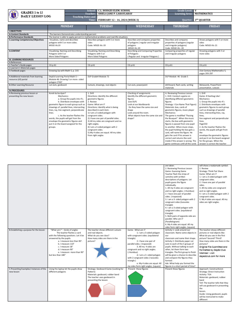 DLL Mathematics 5 q3 w3 | PDF | Triangle | Shape