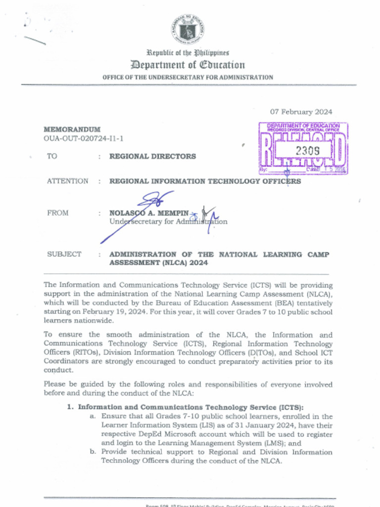 OUA OUT 020724 I1 1 MEMO Administration of The National Learning Camp Assessment 2024 1 | PDF