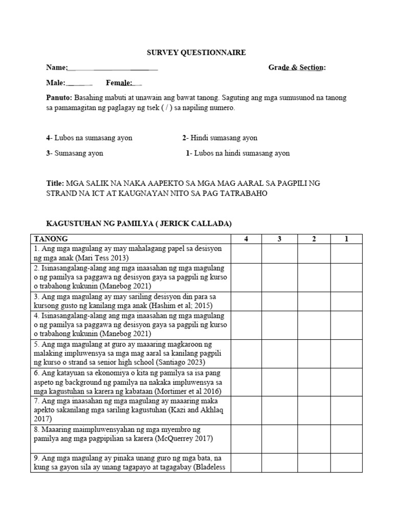 Survey Questionnaire Mga Salik Na Naka Aapekto Sa Pagpili NG Strand Na ...