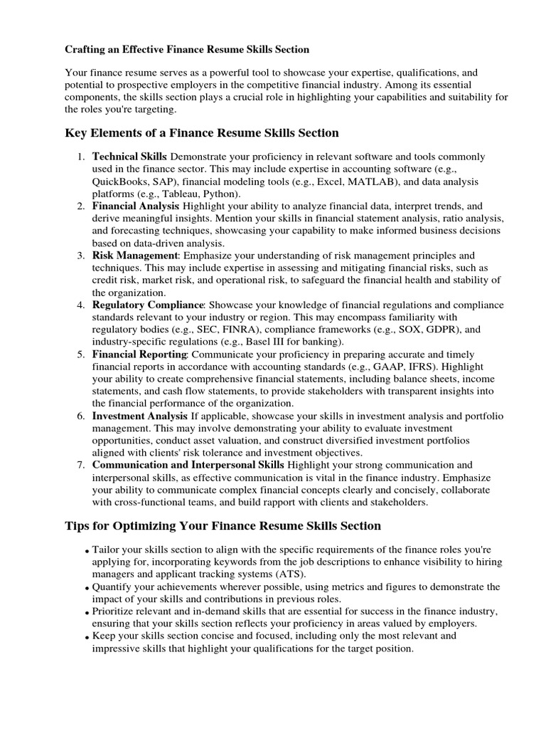 Finance Resume Skills Section | PDF | Résumé | Financial Statement