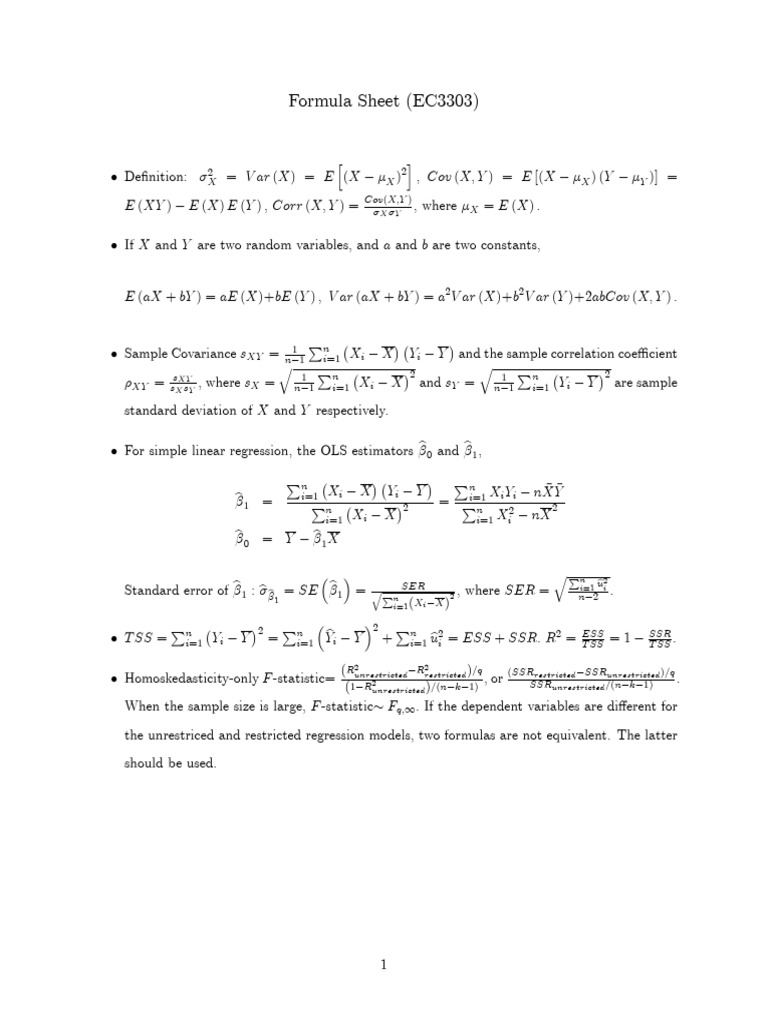 Formula Sheet EC3303 | PDF | Regression Analysis | Ordinary Least Squares