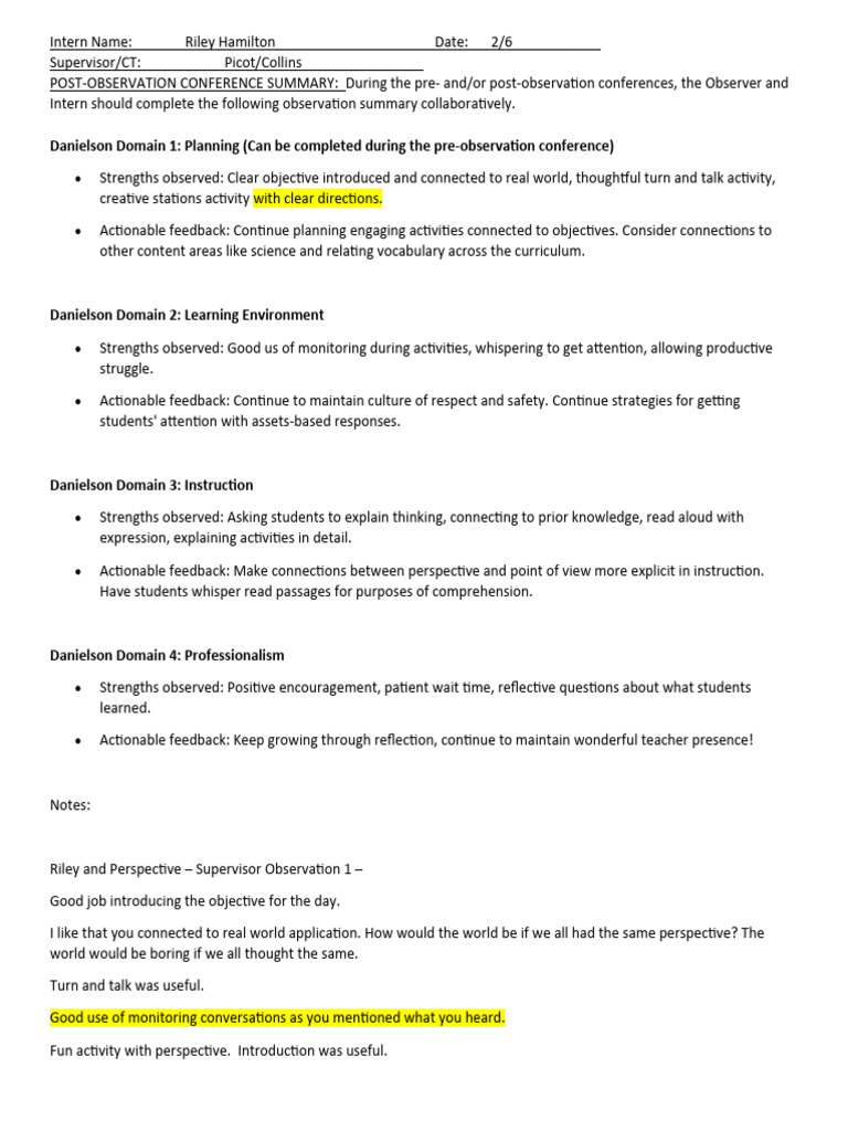 Riley H Cycle 1 Actionable Feedback - Post Conference Observation Cycle ...