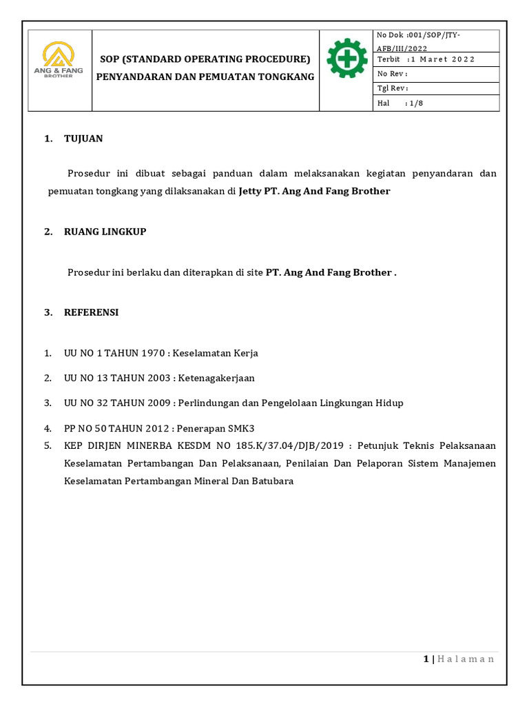 Sop Penyandaran Dan Pemuatan Tongkang | PDF Sop Penyandaran Dan Pemuatan Tongkang | PDF