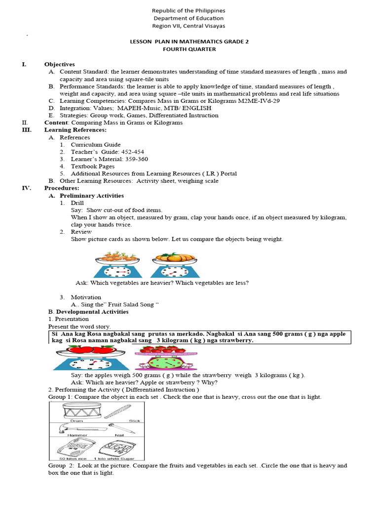 Grade 2 COT MATH Q4 | PDF | Kilogram | Weight