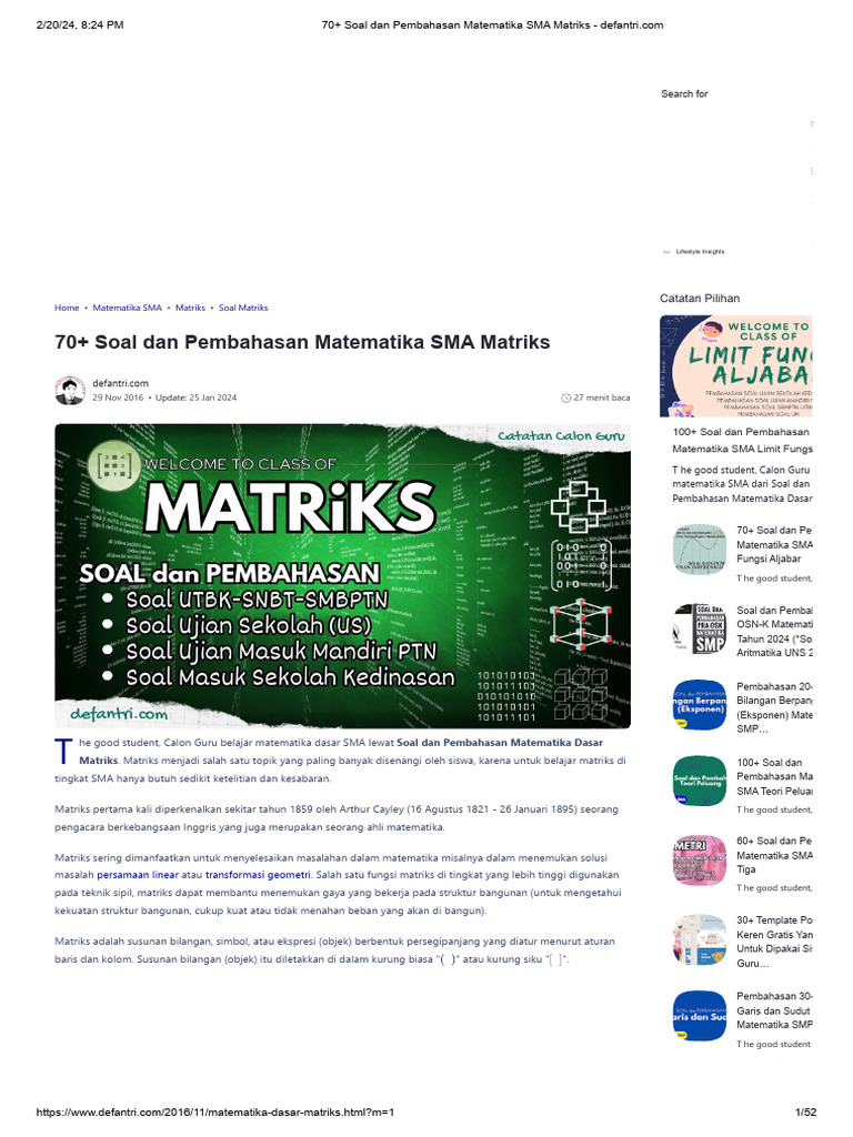 Soal dan Pembahasan Matriks SMA | PDF