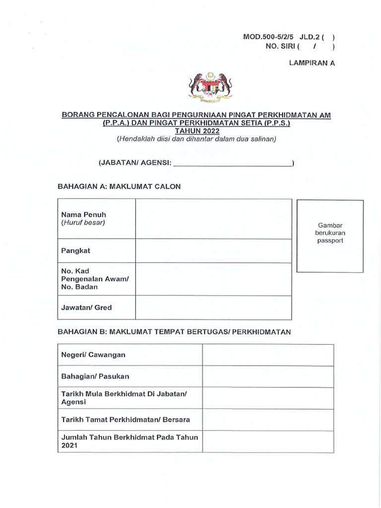 Borang Pencalonan Bagi Pengurniaan Pingat Perkhidmatan Am P P A | PDF