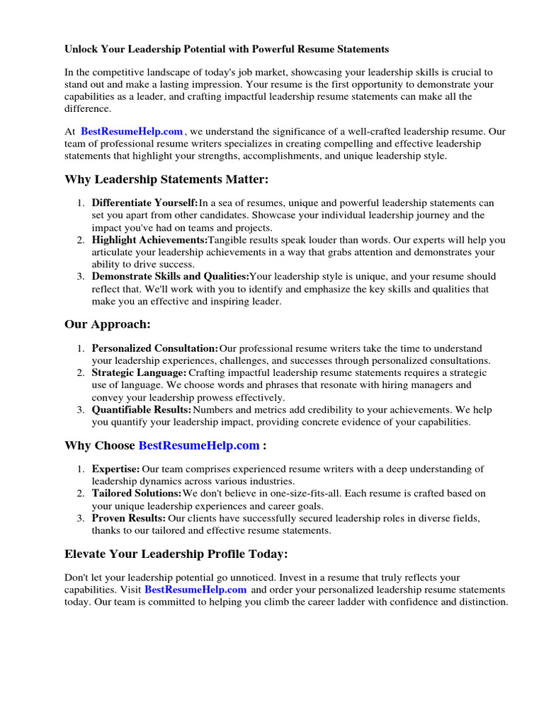 Leadership Resume Statements | PDF | Leadership | Résumé