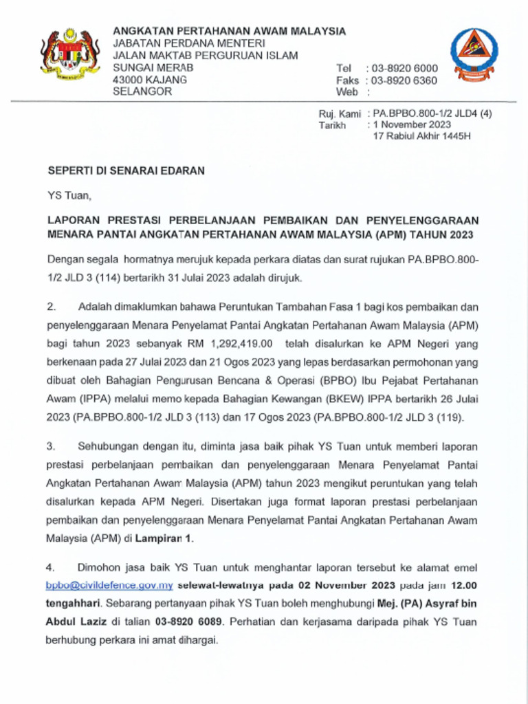 (Surat) - Laporan Prestasi Perbelanjaan Pembaikan Dan Penyelenggaraan Menara Pantai Angkatan ...