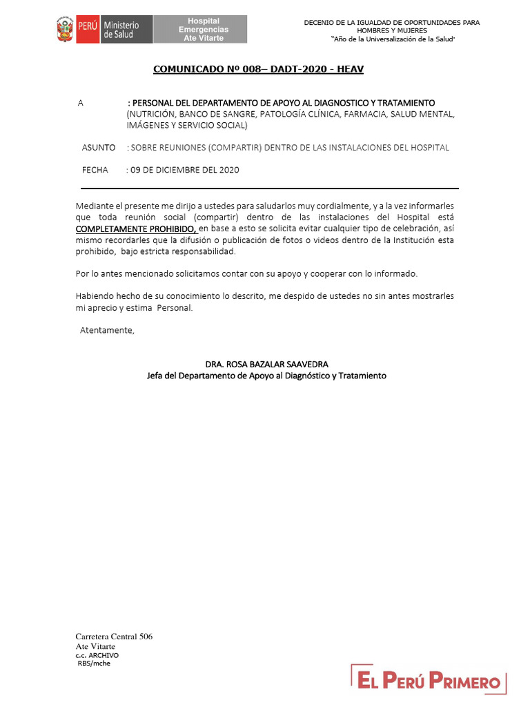 Comunicado #008 - Sobre Reuniones (Compartir) Dentro de Las Instalaciones Del Hospital | PDF