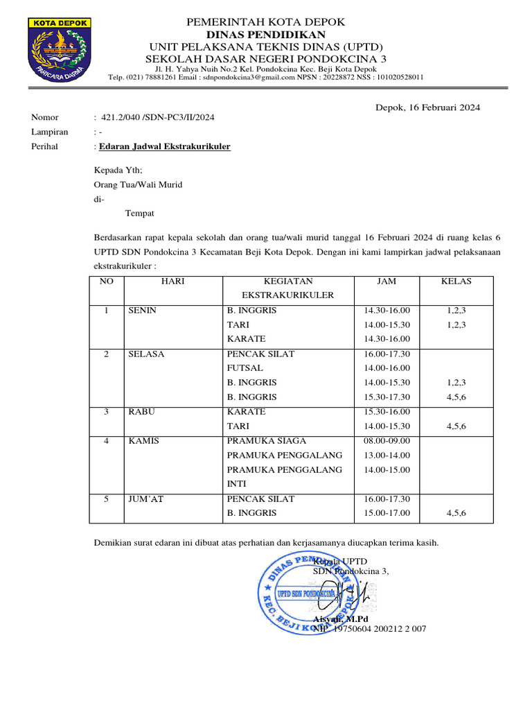 Surat Edaran Ekstrakurikuler | PDF