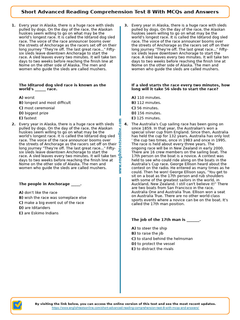 851 - Short Advanced Reading Comprehension Test 8 With Mcqs and Answers ...