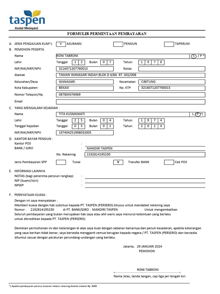 Blanko TASPEN Tita Kusmawati | PDF