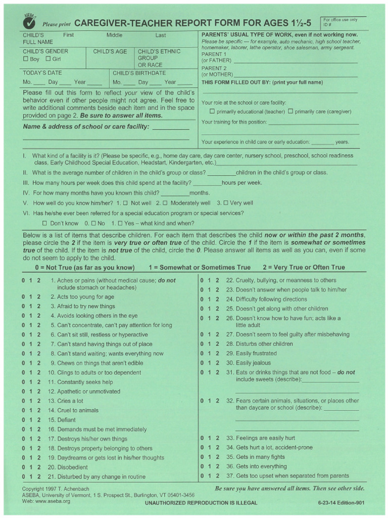 CBCL 1.5-5 Teacher | PDF