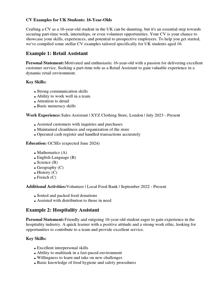 CV Examples Uk Student 16 Year Old | PDF | Résumé
