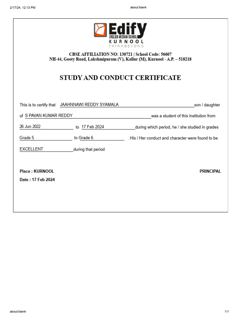 Jaahnavi Reddy S Study & Conduct Certifiate | PDF