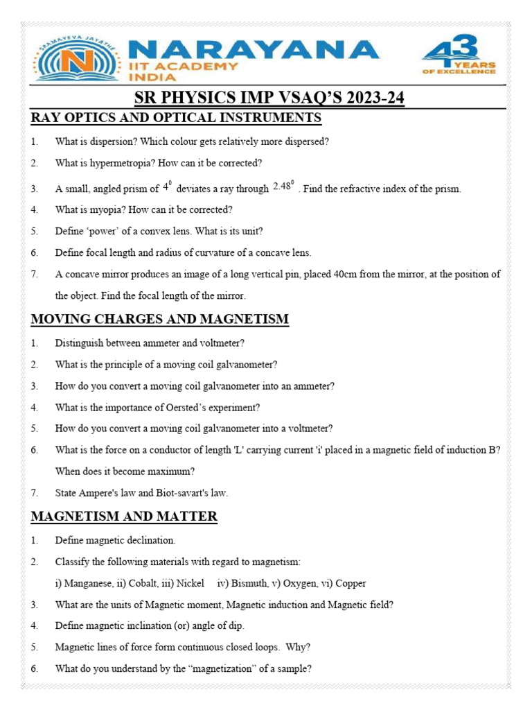 SR Physics Imp Vsaq's 2023-24 | PDF | P–N Junction | Diode