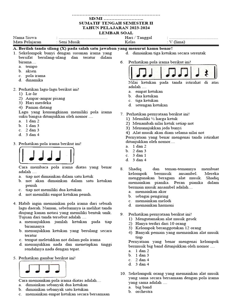 Soal Ujian Seni Musik Kelas 5 | PDF | Kajian Bahasa Asing | Seni