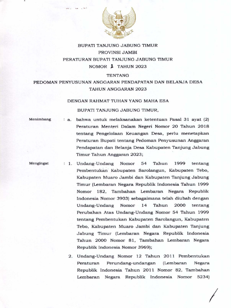 PERBUP NO 1 TAHUN 2023 TENTANG PEDOMAN APBDes 2023 | PDF