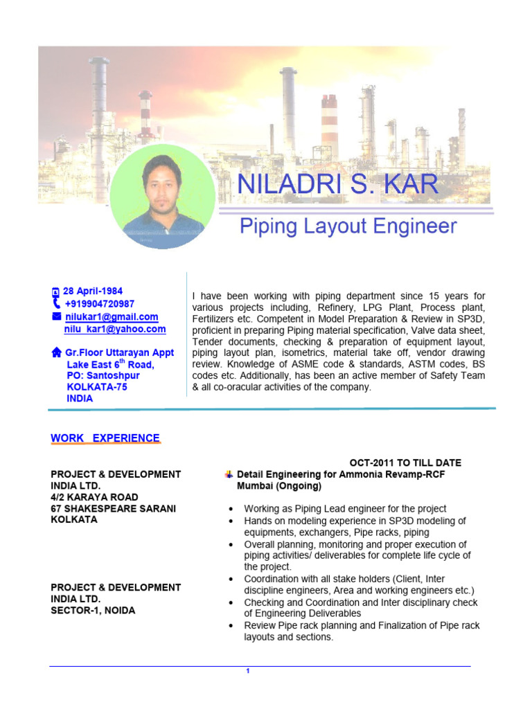 NILADRI KAR - Piping Layout Engg - 15 Yrs - NEW | PDF | Specification ...