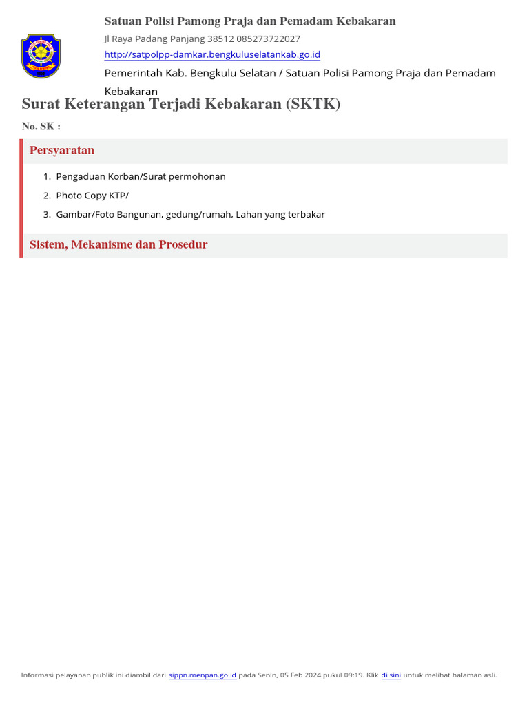 Unduh Standar Pelayanan - Surat Keterangan Terjadi Kebakaran (SKTK) | PDF