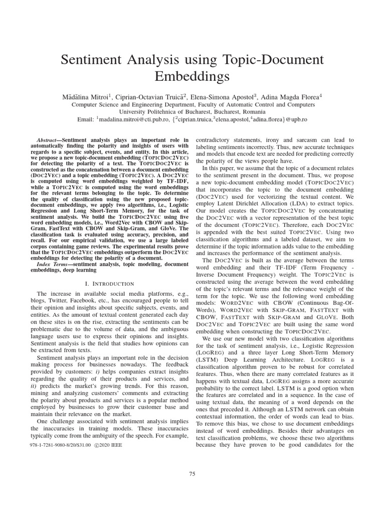 Sentiment Analysis Using Topic Document Embeddings Pdf Statistical Classification Learning