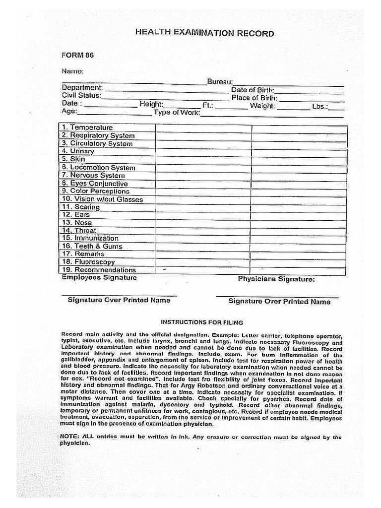 Form 86 Health Examination Record | PDF