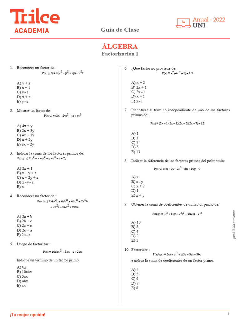 ALGEBRA-GUIA9 | PDF | Factorización | Álgebra