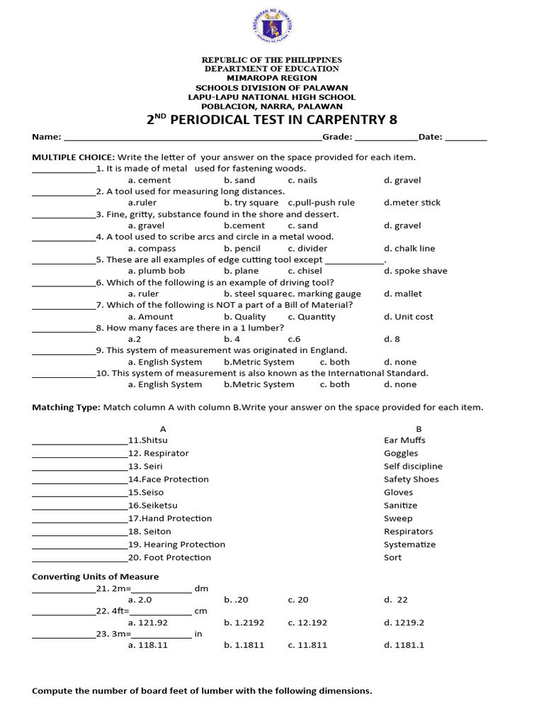 2ND QUARTER OF TLE-carpentry-7-periodical-exam | PDF | Tools