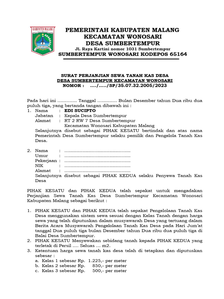 Surat Perjanjian Sewa Tanah Kas Desa Sumbertempur | PDF