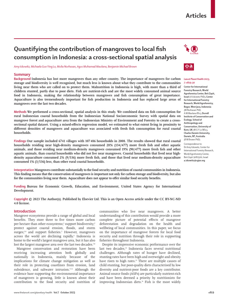 Quantifying The Contribution of Mangroves To Local Fish C - 2023 - The Lancet PL | Download Free ...