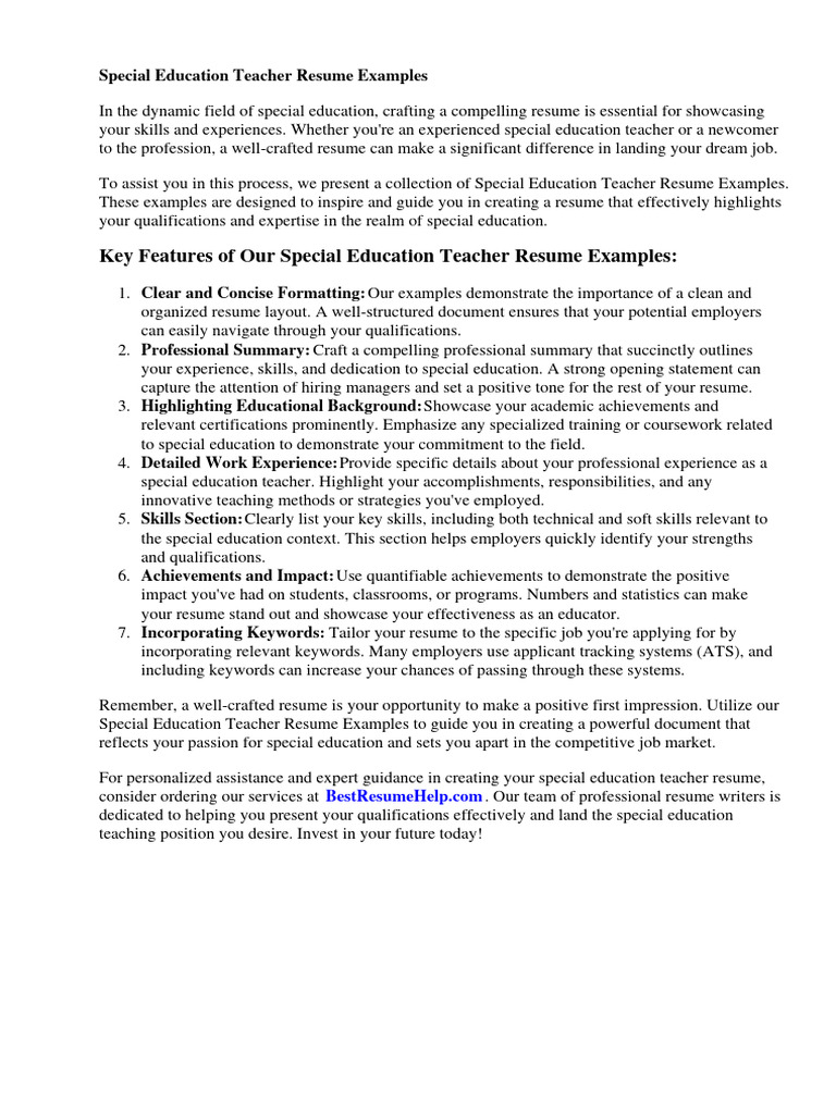 Special Education Teacher Resume Examples | Download Free PDF | Special ...