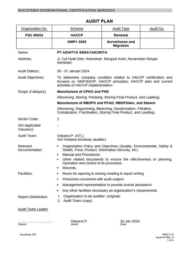3-12r4 AuditPlan FSC00024 Rev1 | PDF | Hazard Analysis And Critical ...