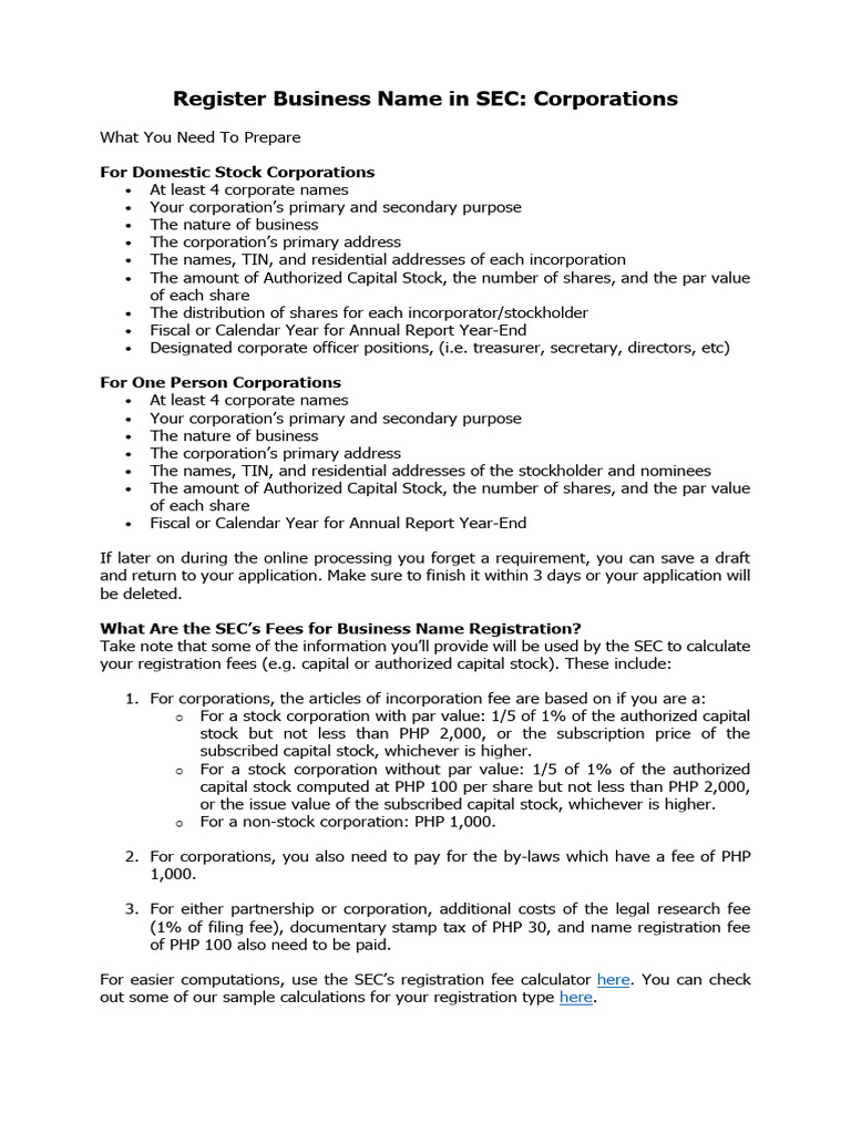 SEC Business Name Registration Guide | PDF | Stocks | Corporations