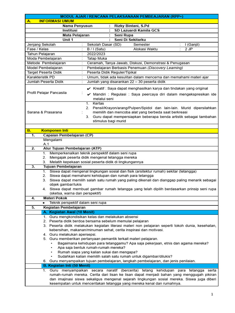 Modul Ajar-Rpp Seni Rupa Kelas 1 Lazuardi Kamila | PDF | Ilmu Sosial