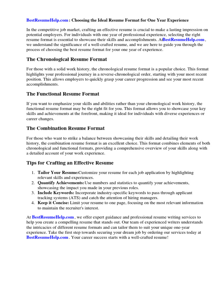 Best Resume Format for One Year Experience | PDF | Résumé | Recruitment