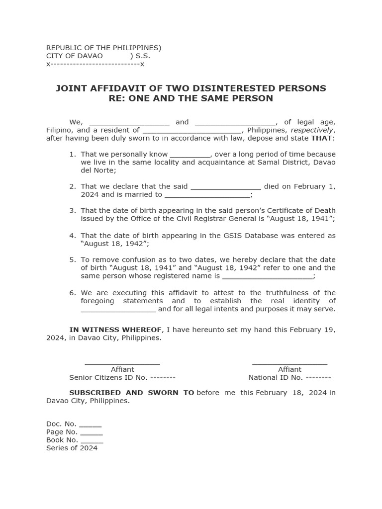 Affidavit of One and The Same Person GSIS | PDF