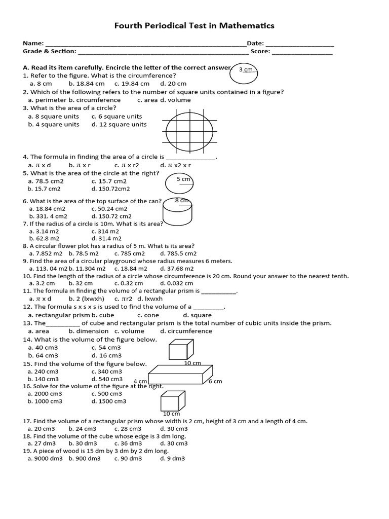 Grade 4 Math Fourth Periodical Test | PDF | Area | Volume