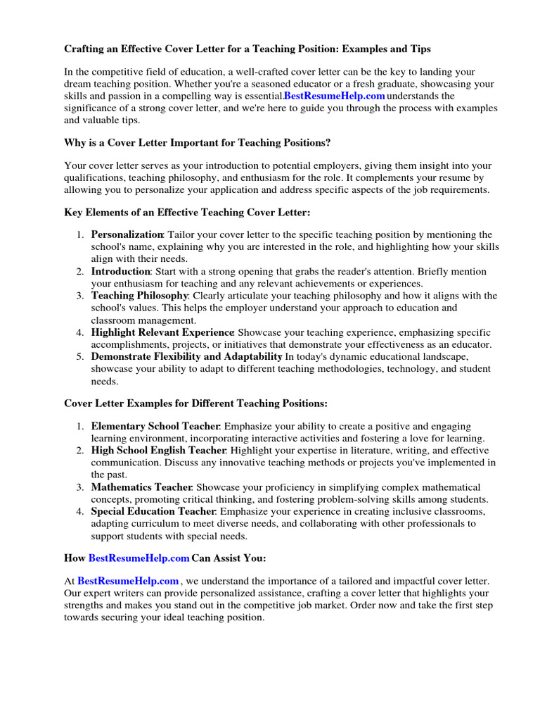 Cover Letter For A Teaching Position Examples | PDF | Teachers | Résumé