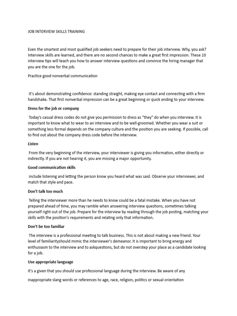 Job Interview Skills Training | PDF | Job Interview | Nonverbal ...