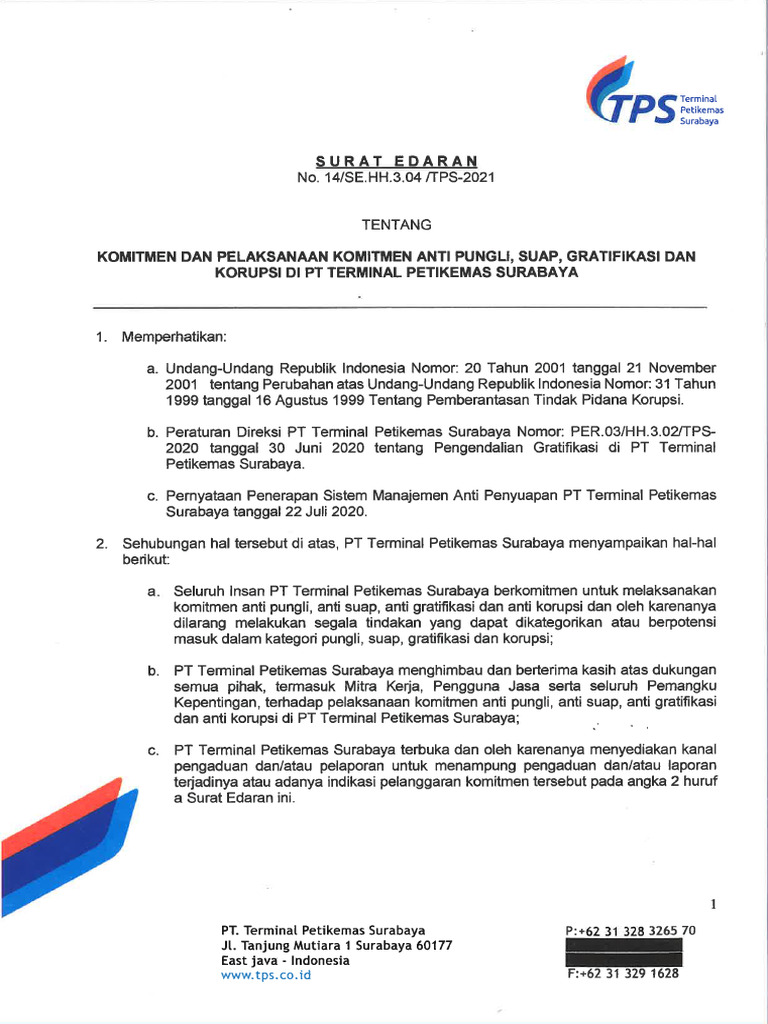 Surat Edaran Tentang Komitmen Anti Pungli, Suap, Gratifikasi Dan ...