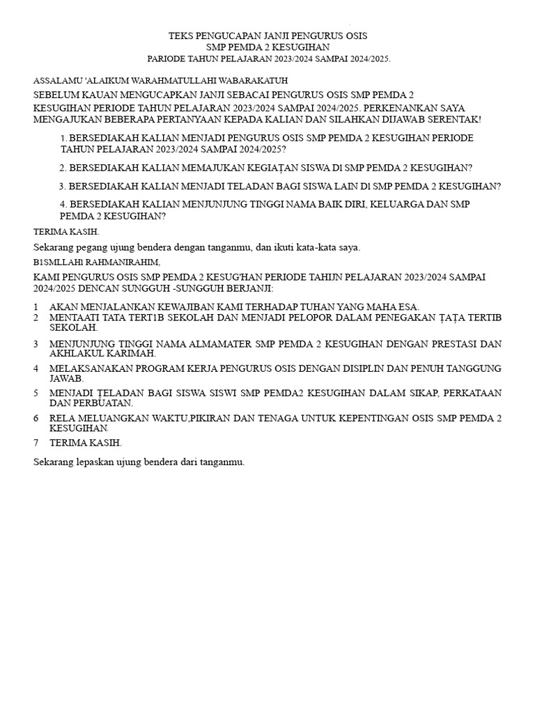 Teks Pengucapan Janji Pengurus Osis | PDF