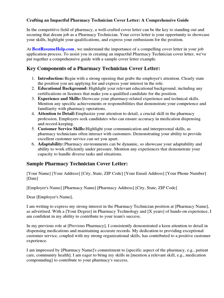 Pharmacy Technician Cover Letter Example | PDF | Pharmacy | Résumé