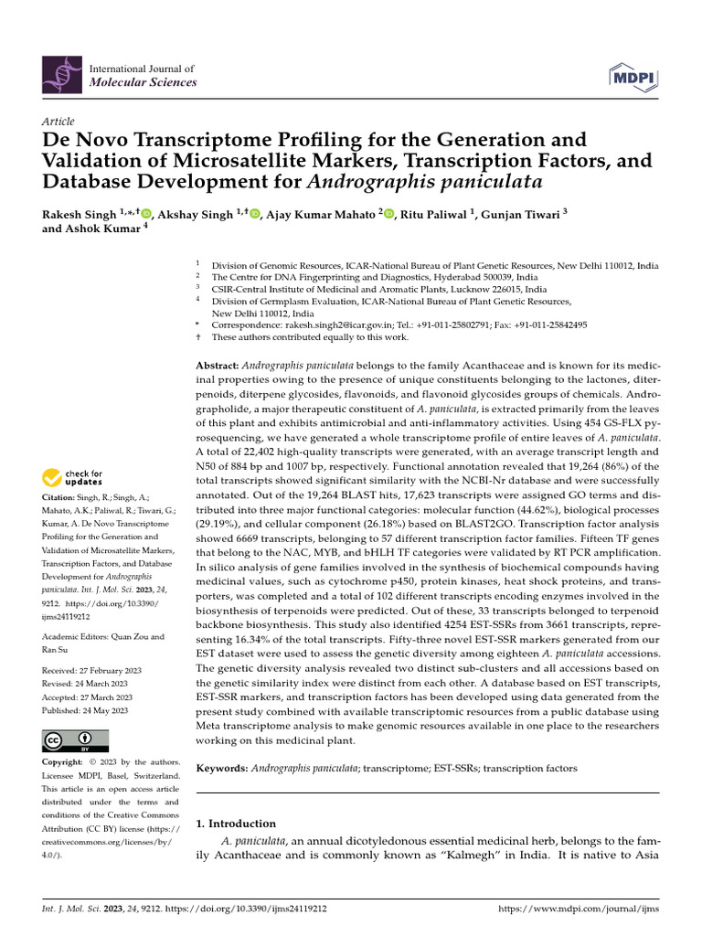 De Novo Transcriptome Profiling For The Generation and | PDF | Microsatellite | Transcription Factor