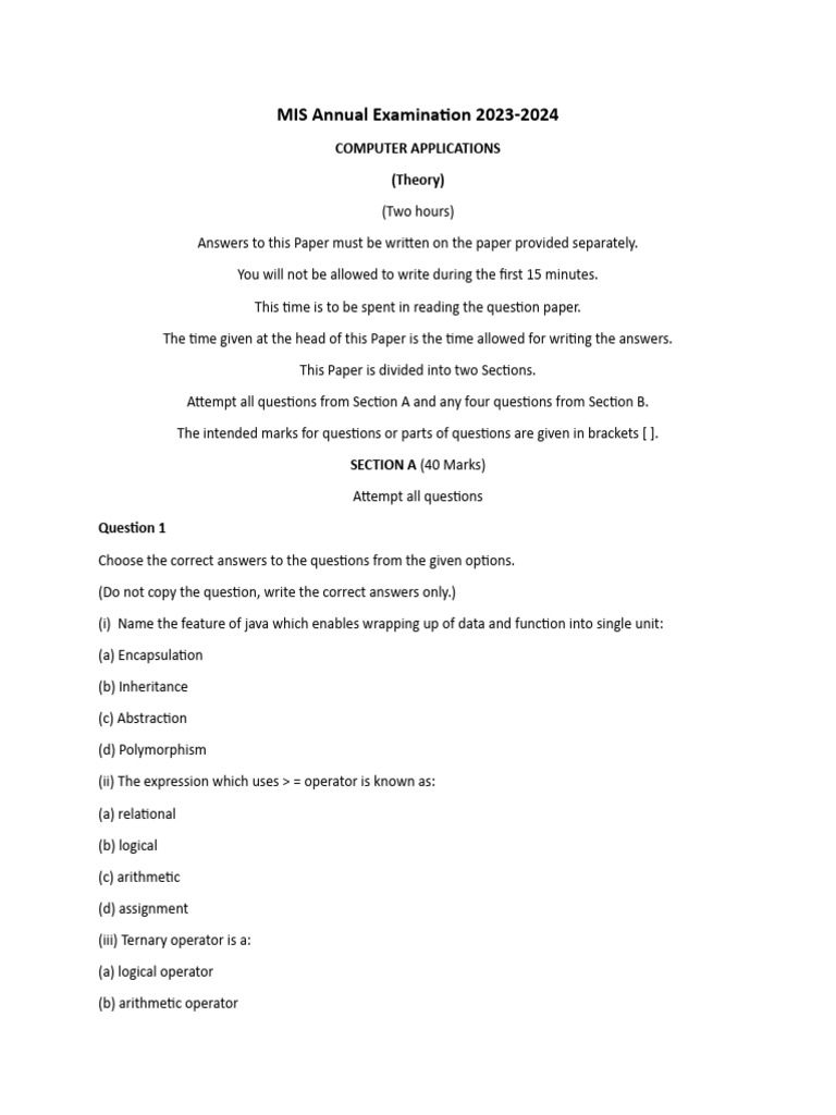 MIS Annual Examination 2023-2024: Computer Applications (Theory) | PDF | Boolean Data Type ...