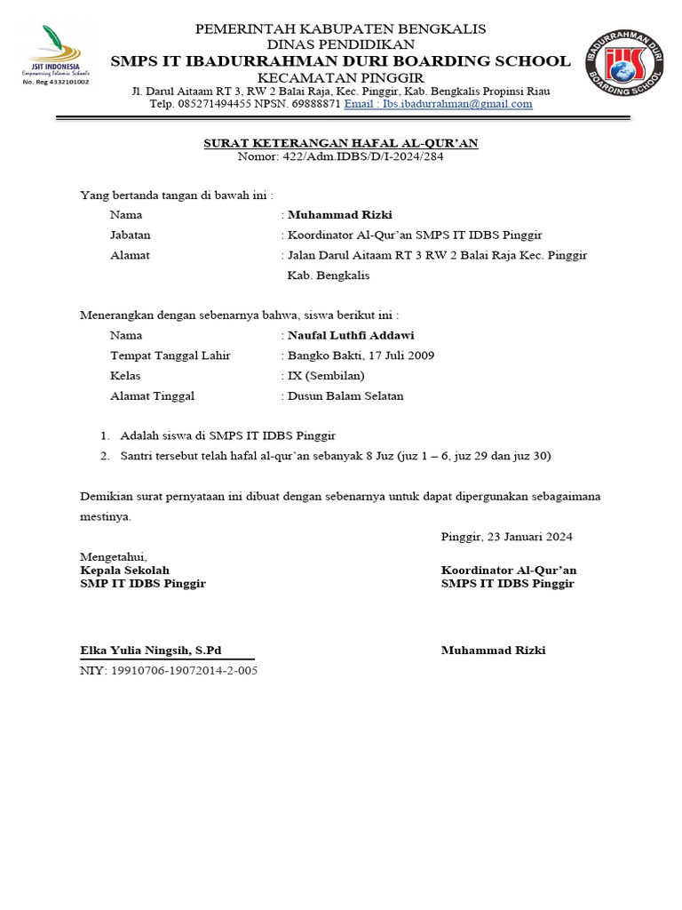 Surat Keterangan Hafalan Qur'an | PDF